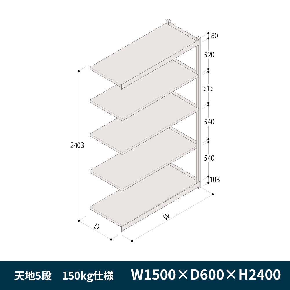 軽中量ボルトレス棚 RL開放型 150kg仕様 ERL-185650-W7 W1500×D600×H2400mm 天地5段 連増 [W7 ...